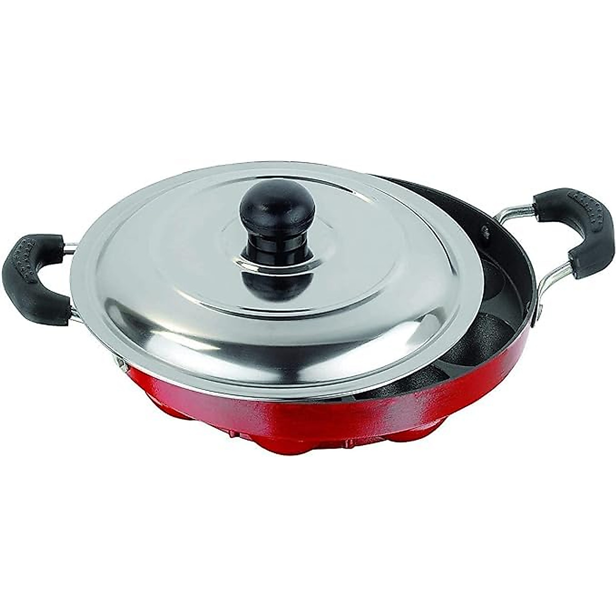 KASHVIYA Heavy 12 Cavities Non Stick Appam Patra With Stainless Lid,Red (Paniyarrakal/Paniyaram/Appam Pan/Maker/Pan Cake Maker), Aluminium (Large Black)(Gas Compatible)
