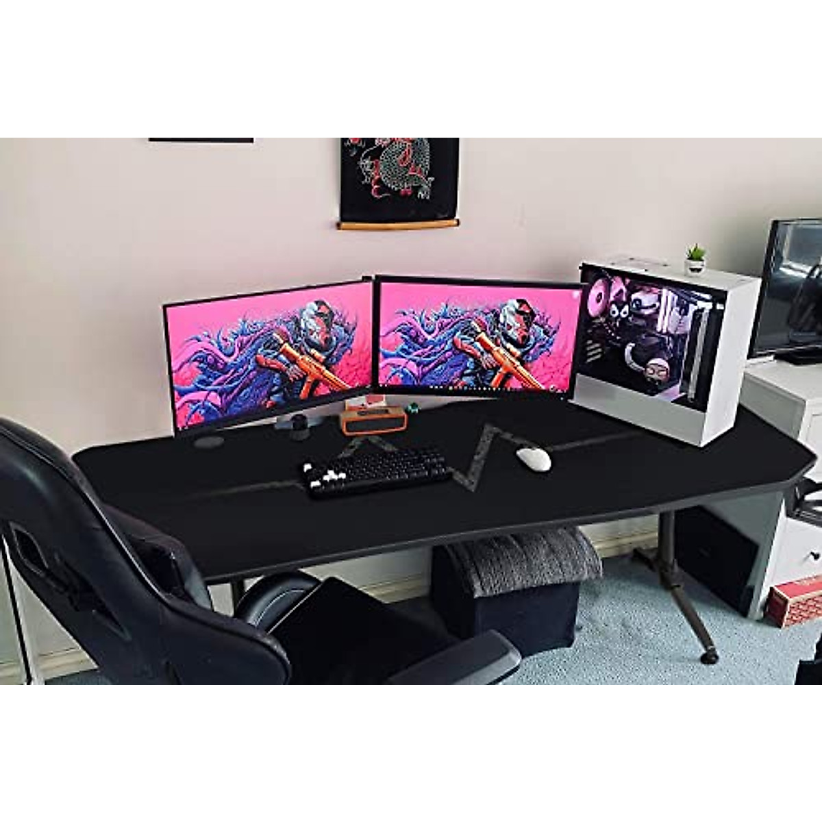 KaiMeng Racing Style Gamer Computer Desk Free Full Mouse Pad Modern Carbon Fiber Surface Ergonomic, T-Shaped Y Leg Office Room Game Table Workstation, with Handle Rack, 62.7"L X 29.5"W X 29.5"H, Black