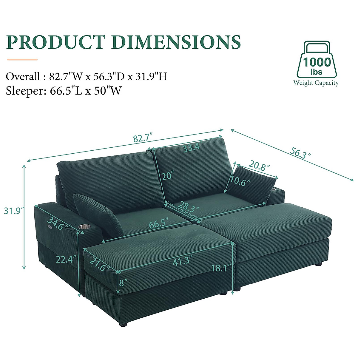 KIVENJAJA 82.7” Corduroy Sectional Couch, Double Chaise Lounge Sofa, Deep Seat Oversized Loveseat with Ottomans, Cup Holder & USB Port for Living Room Apartment Small Space, Green