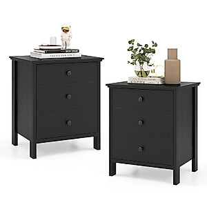Giantex Nightstand with 3 Drawers Set of 2, Wooden Side End Table with Solid Wood Legs, Retro 3-Drawer Bedside Table Night Stand for Bedroom Home Office Small Space, Easy Assembly, White