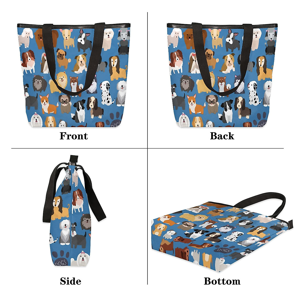 Cute Dog Pattern Canvas Tote Bag, Eco Friendly Reusable Grocery Shopping Bags Beach Bag Book Tote Handbags Washable Shoulder Bag With Zipper Inner Pocket for Women Girls