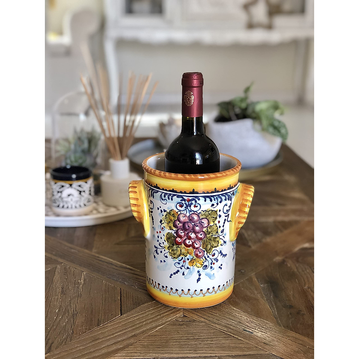 CERAMICHE D'ARTE PARRINI- Italian Ceramic Utensil Holder Wine Bottle Hand Painted Made in ITALY Decorated Grape Montalcino Tuscan Art Pottery