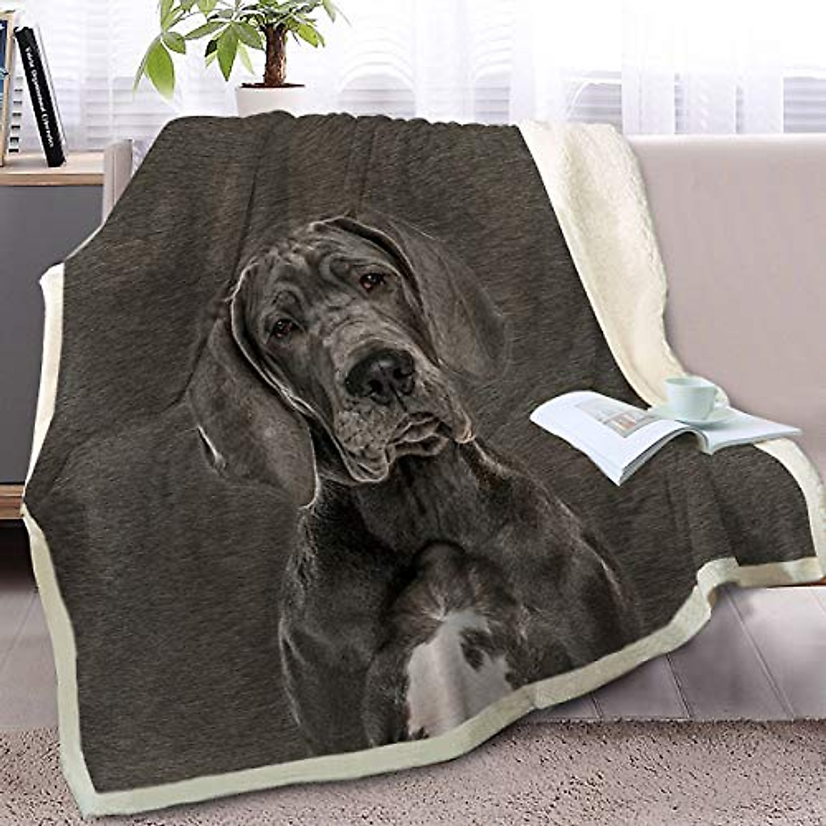 BlessLiving Grey Great Dane Throw Soft Blanket Sherpa Fleece Lined Blanket Pet and Dog Lovers Home Throw Blankets (Twin, 60 x 80 Inches)