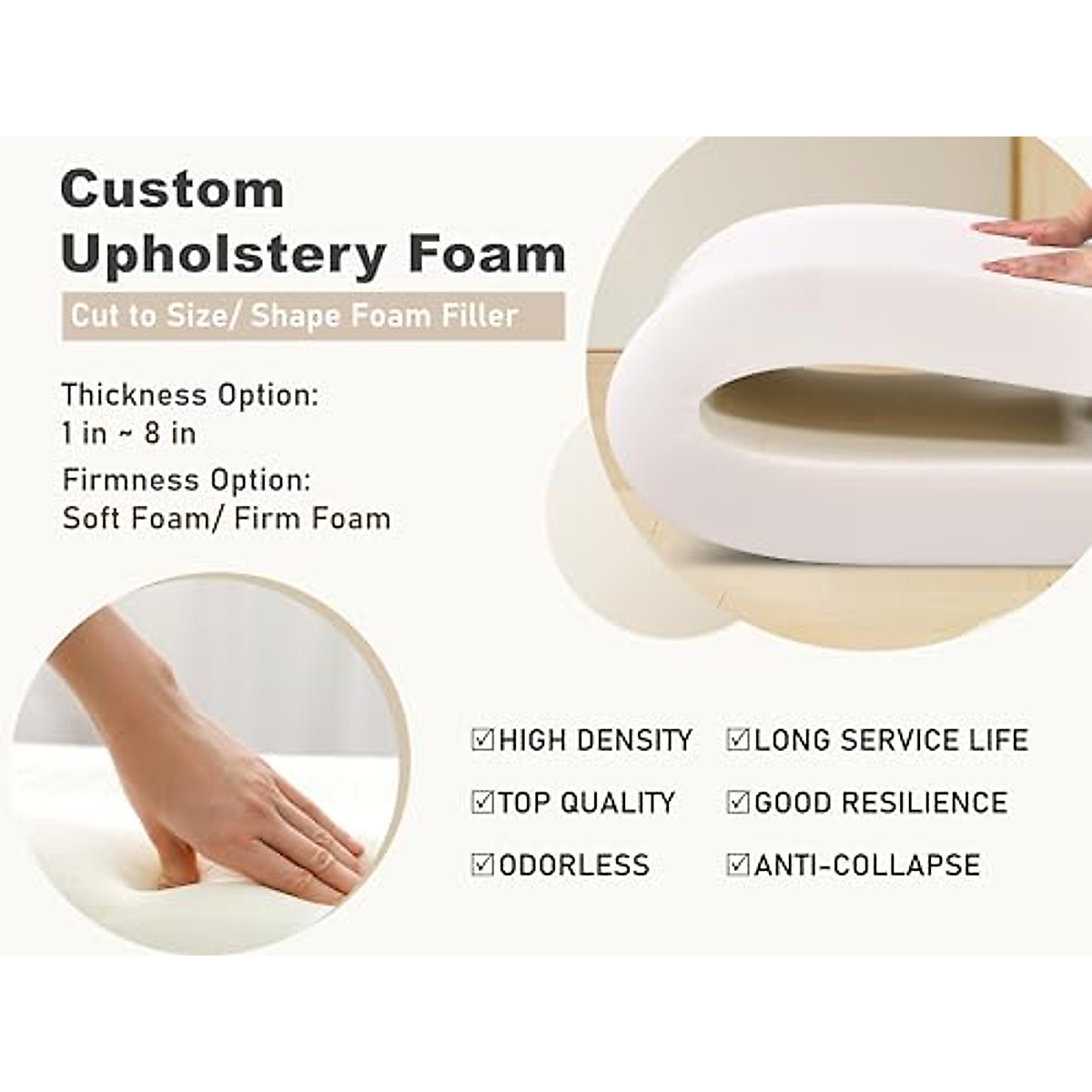 SINCERE Custom Sized Bench Cushion Pad, Bay Window Pillow, Seat & Back Cushion Replacement for Sagging Sofa, Couch Booster Foam Cushions Chair Pads, Indoor Outdoor Daybed RV Camper Van Cushions