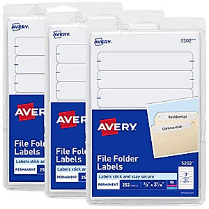 Avery Easy Peel File Folder Labels on 4" x 6" Sheets, 2/3" x 3-7/16", White, 3 Pack, 756 Labels Total (32131)
