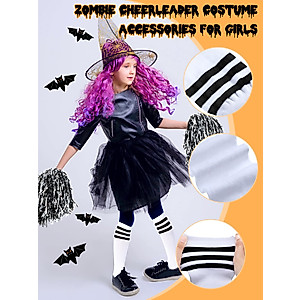Eurzom 5 Pcs Zombie Cheerleader Costume for Girls 2 Pom Poms 2 Hair Ropes and Socks for Halloween Cheerleader Cosplay Party(Black and White, Child Thin Bow)