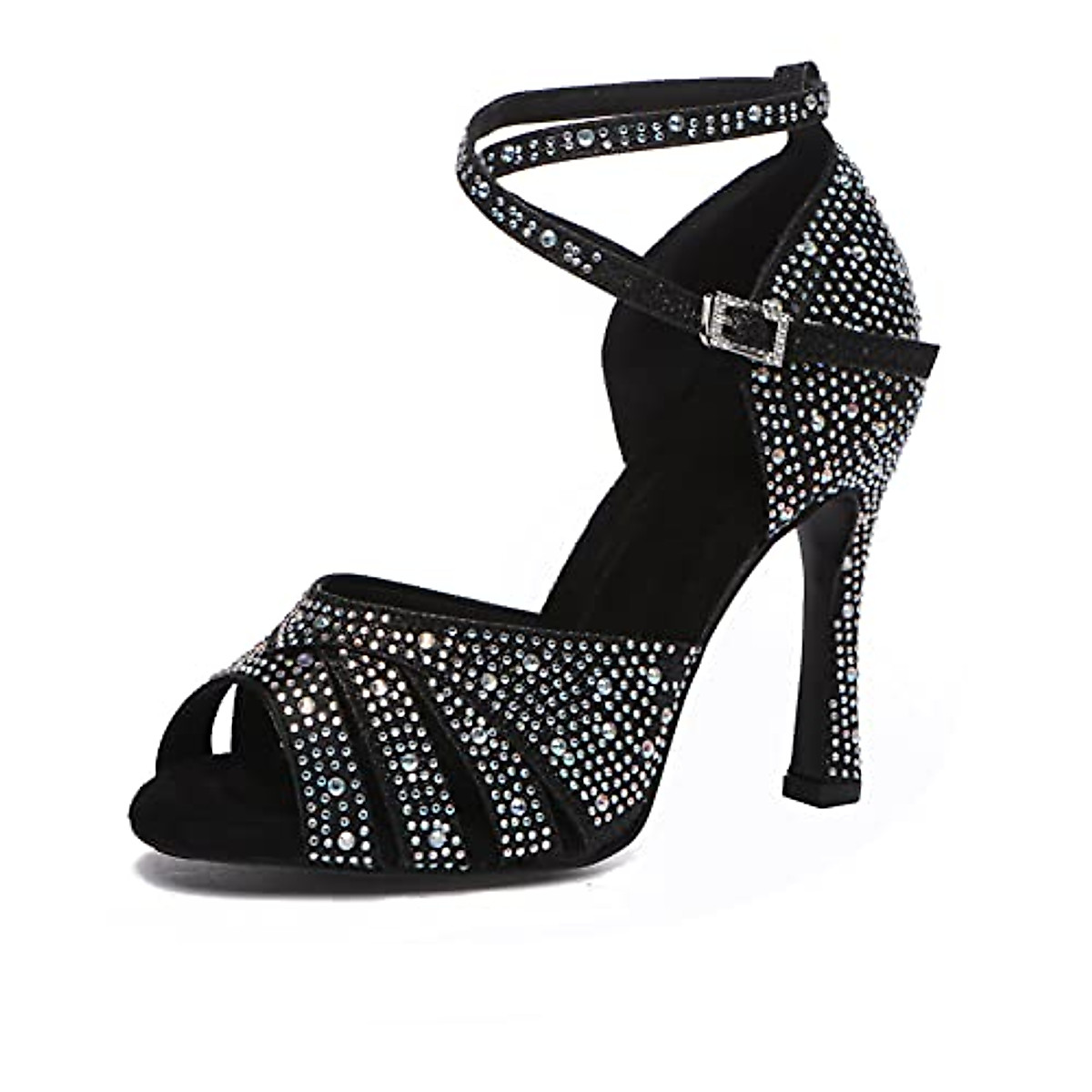 JUODVMP Women's Ballroom Dance Shoes Black T-strap Latin Dance Shoes with Rhinestones 4 inch Heel,8 US