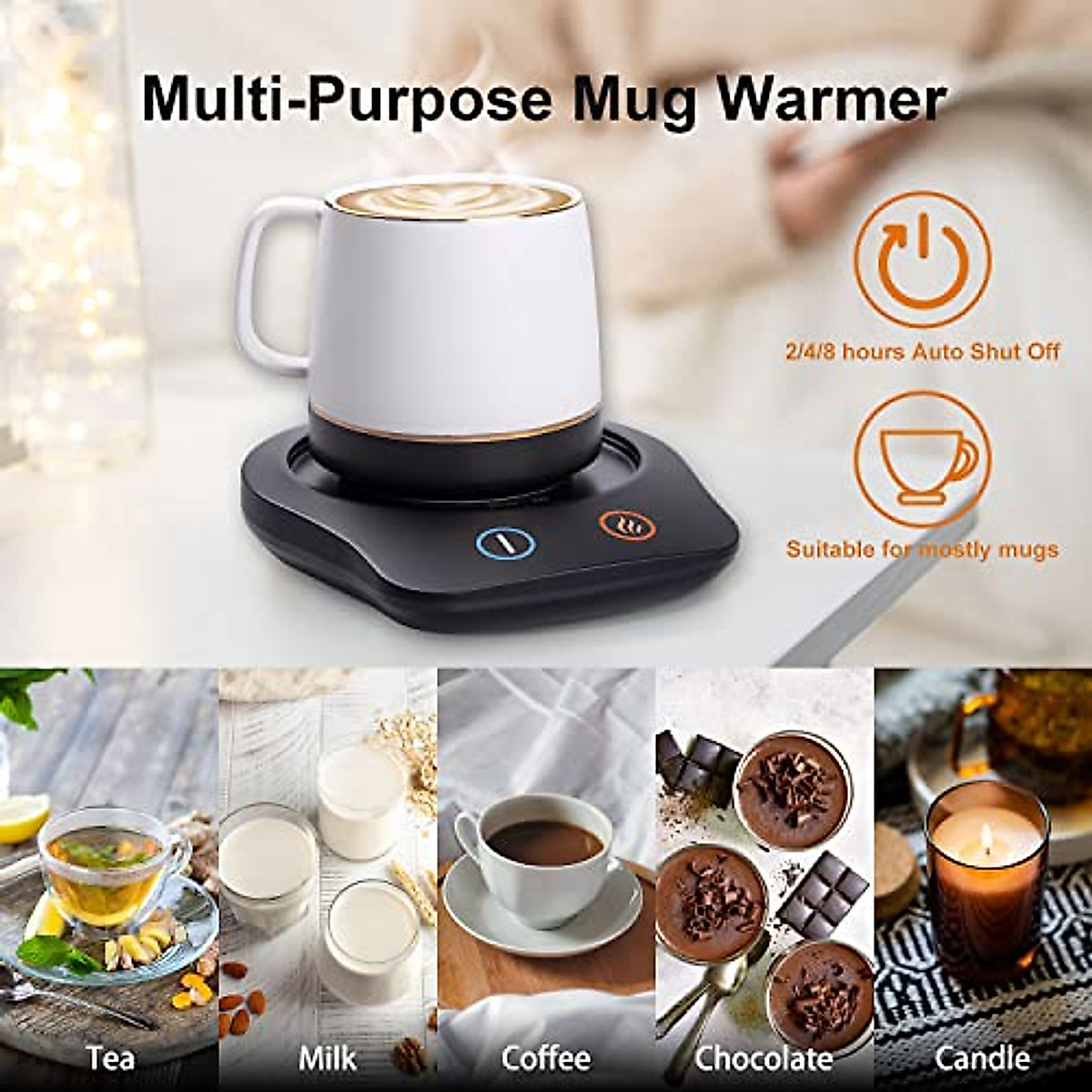 Mug Warmer Coffee Cup Warmer for Desk: Electric Coffee Warmer for Desk 2/4/8 Hours Auto Shut Off with 5 Control Temperature Settings - Large Smart Beverage Heating Plate for Home and Office Use Black