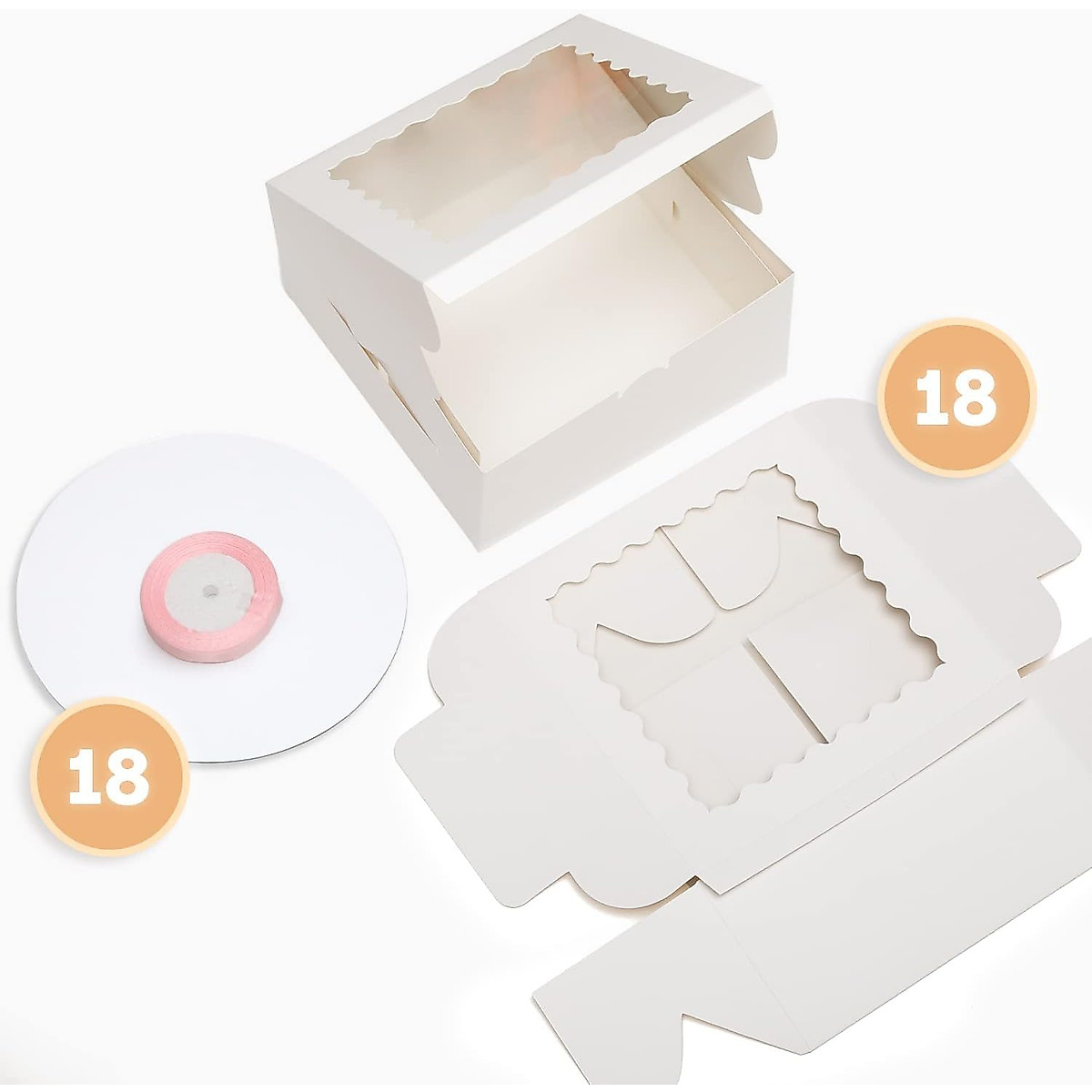 Bakepacker 36pcs 10x10x5 inches Cake Boxes with Window 18-Packs 10 Inch White Bakery Boxes (18 Cake Boxes +18 Cake Boards+10 Meters Silk Ribbon Includes Included)