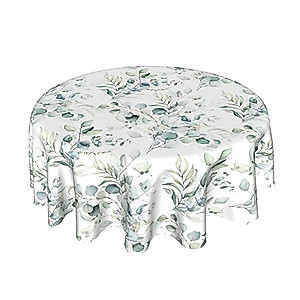 Spring Leaf Floral Sage Green Tablecloth Round 60 Inch Ruitic Watercolor Table Cloth Waterproof Fabric Farmhouse Green Grey Leaves Tablecloths Decorative for Holiday Home Party