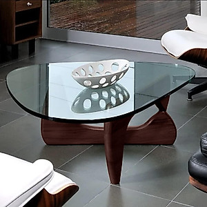 Rimdoc Triangle Glass Coffee Table Modern Noguchi Coffee Table, Vintage Glass, Wood End Table, Solid Wood Base and Clear Glass Top Accent Coffee Table, for Living Room, Patio(Upgraded Version)