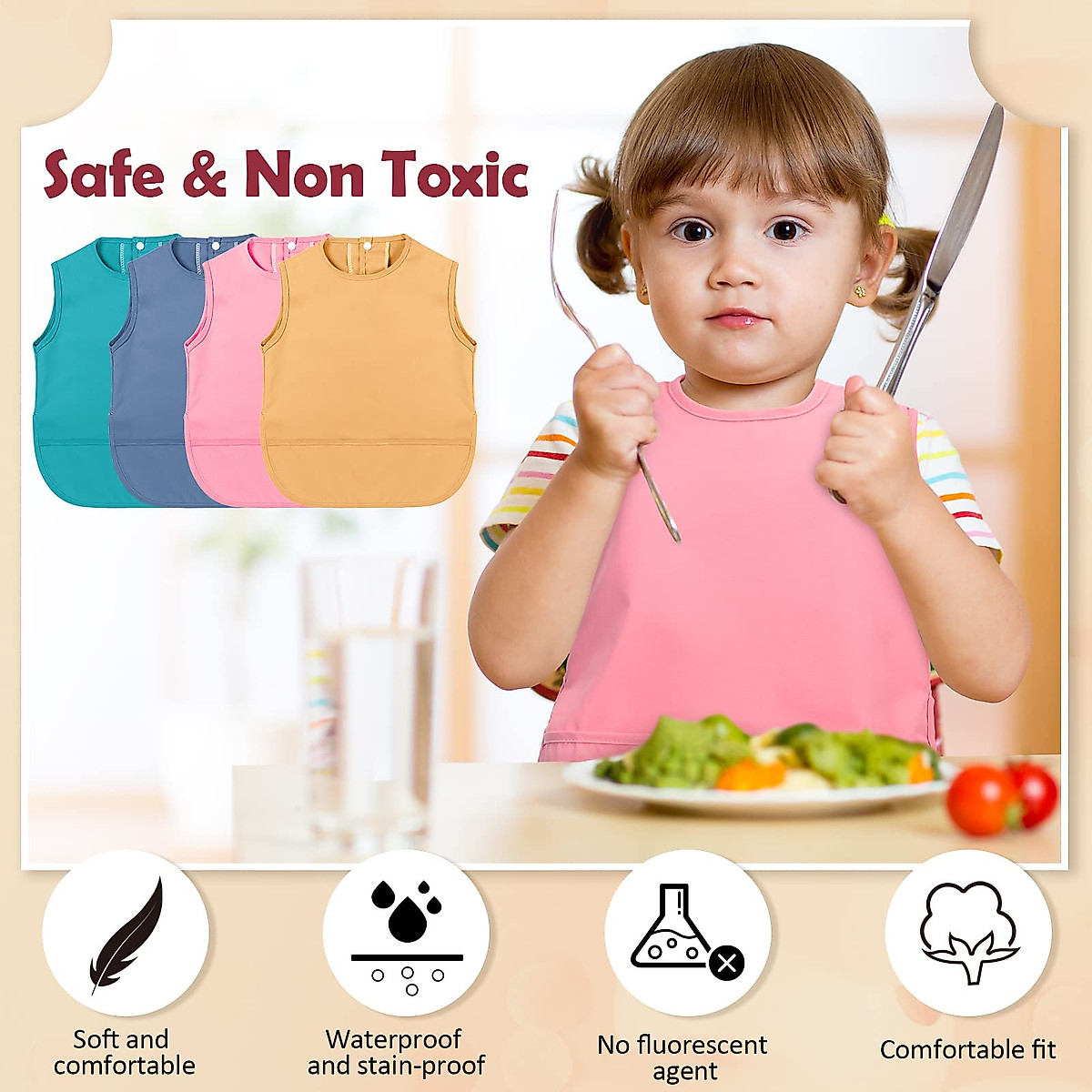 Zhanmai 4 Pcs Baby Apron Bib, Waterproof Bibs for Baby Feeding Apron Baby Bib Girl Boy Smock with Pocket, 6 to 12 Months Baby Feeding Bibs, 4 Colors