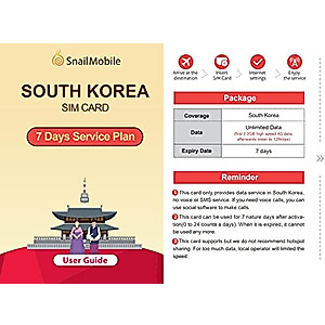 SnailMobile SIM Card for Korea - Unlimited Data/ 7 Days,4G/3GLTE Travel Data(No Message & Call, Unlocked Phone)