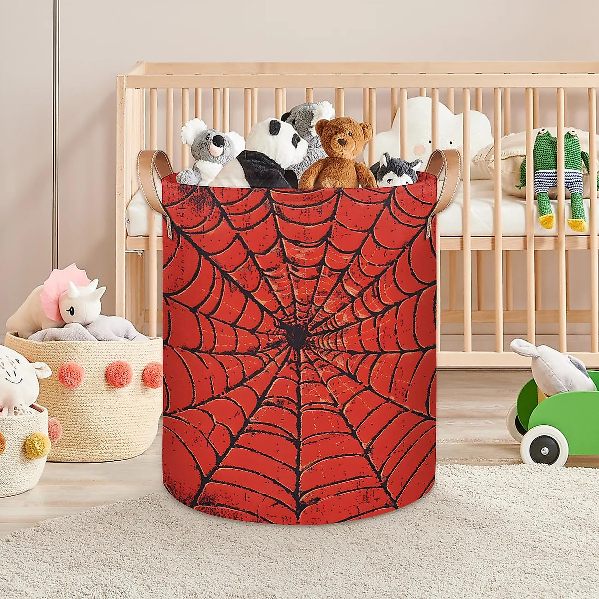 Gumuslen Red Spider Web Laundry Basket Collapsible Dirty Clothes Laundry Hamper Canvas Waterproof Storage Baskets Baby Toys Organizer Bin Kids Nursery Hamper for Bathroom Bedroom