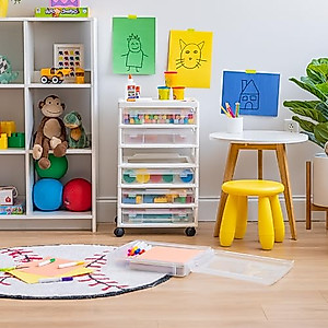 IRIS USA Fits 12" x 12" Paper, 6-Tier Scrapbook Rolling Storage Cart with Organizer Top for Papers Vinyl Tools Office Art and Craft Supplies, Yarn, White Frame with 6 Clear Cases w/ Built in Handle