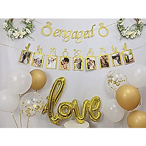 Engagement Wedding Decorations,Gold Engaged Banner, Photo Banner and Set of 12+5 distinctive Balloons for Engagement/Wedding/Anniversary/Valentines Day Party