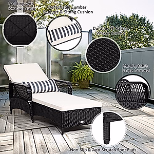Tangkula Patio Wicker Chaise Lounge Chair, Outdoor Rattan Reclining Chaise w/ 6-Gear Adjustable Backrest, Thick Padded Cushion & Removable Lumbar Pillow, Ideal for Lawn, Beach, Balcony (Black)