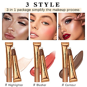 NewBang 3pcs Contour Beauty Wand Blush Highlighter Contouring Stick Set With Cushion Applicator Liquid Cream Face Rouge Bronzer Luminizers Pen Trio Smooth Blendable Moisturizing Waterproof Makeup