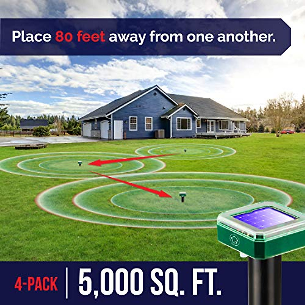 Livin' Well Solar Sonic Pest Repeller Stakes - 4pk Outdoor Pest Repellent with 5,000 Feet Range, Solar Powered Animal Control, Rodent Repellent and Deterrent for Mole, Vole, Gopher