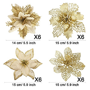 Whaline 24Pcs Christmas Poinsettia with 24Pcs Clips 4 Design Glitter Gold Artificial Flower Winter Party Supplies for Xmas Tree Ornament Wedding Birthday Wreath Decoration