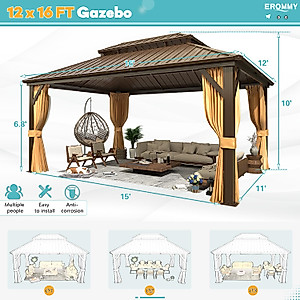 EROMMY 12' x 16' Hardtop Gazebo, Aluminum Frame Gazebos with Galvanized Steel Double Roof, Permanent Outdoor Metal Pavilion with Curtain and Netting for Patio, Lawn, Deck
