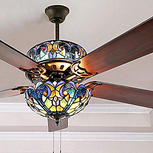 RIVER OF GOODS Tiffany-Style Halston Stained Glass Ceiling Fan - 52" L x 52" W - Mahogany and Black Fan Blades - Blue