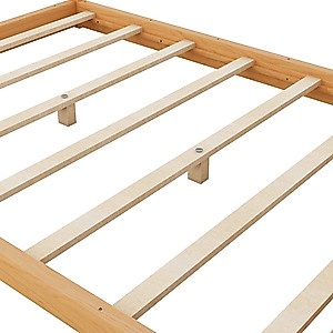MWrouqfur 4-Poster King Size Canopy Floor Bed Frame, Morden Wood Low Profile Platform Beds with Wooden Slats Support, No Box Spring Needed (Natural)