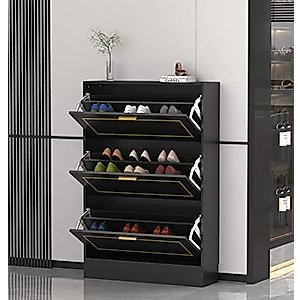 AGOTENI Shoe Cabinet, Tipping Bucket Shoes Cabinets, Shoes Cabinet with 3 Flip Drawers, Narrow Shoe Rack Cabinet for Entryway, Modern Shoes Organizer Cabinet (31.5”W x 9.5”D x 47.2”H)