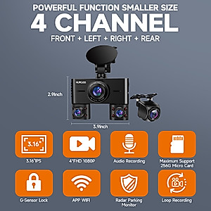 Hupejos 360 Dash Cam Front and Rear Inside, 4 Channel Dash Camera for Cars FHD 1080Px4, Built-in Wi-Fi, 3.16” IPS Screen, Voice Control, Night Vision, Free 64GB Card, 24H Parking Mode