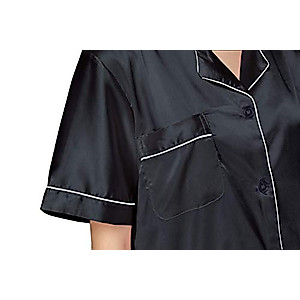 NANJUN Womens Silk Satin Pajamas Short Sleeve Sleepwear Bride Soft Button Down Loungewear 2 Piece Pjs Set XS-3XL(black,l0)