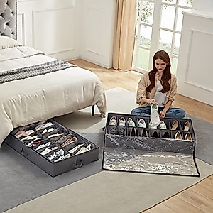 Lifewit 2 Packs Under Bed Shoe Storage Organizer, Total Fit 32 Pairs of Shoes, Foldable Shoe Rack Organizer Container with Reinforced Handle and Clear Cover for Women's and Men's Shoes