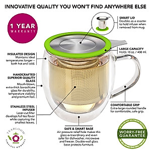 Teabloom Double-Wall Borosilicate Glass Mug with Stainless Steel Infuser and Lid – 15 OZ / 430 ML – 2 Gourmet Tea Flowers Included