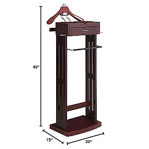 Proman Products Norstar Suit Valet Stand VL36245 with Detachable Hanger, Trouser Bar, Tie Bars, Mirror Tray & Drawer, 20”W x 15” D x 49”H, Mahogany