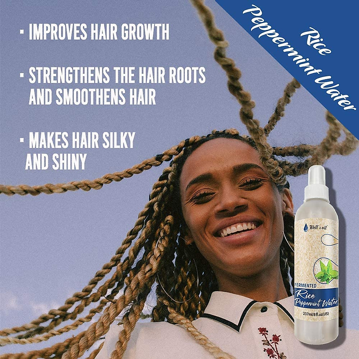 Well's Oil Fermented Rice Water Spray with Peppermint Oil (8 Fl Oz) - Leave in Conditioner for Softness and Shine | Supporting Hair Growth, Reducing Split Ends & Strengthening Hair and Scalp