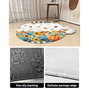 Autumn Pumpkin Fluffy Round Area Rug Carpets 5ft, Plush Shaggy Carpet Soft Circular Rugs, Non-Slip Fuzzy Accent Floor Mat for Living Room Bedroom Nursery Home Decor Thanksgiving Fall Plaid Leaves