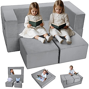 MeMoreCool Modular Kids Play Couch Sofa – Soft Convertible Toddler Couch, Grey Fold-Out Plush Foam Chair for Kids’ Playroom Fun