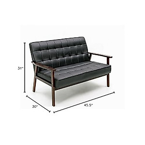 Panana 2 Seats Loveseat Sofa Couch Living Room Wood Frame Furniture, 2 Seater Sofa Armchair Two Seat Sofa Chair, Black Artificial Leather Upholstered Wooden Armrest Love Seats Small Sofa