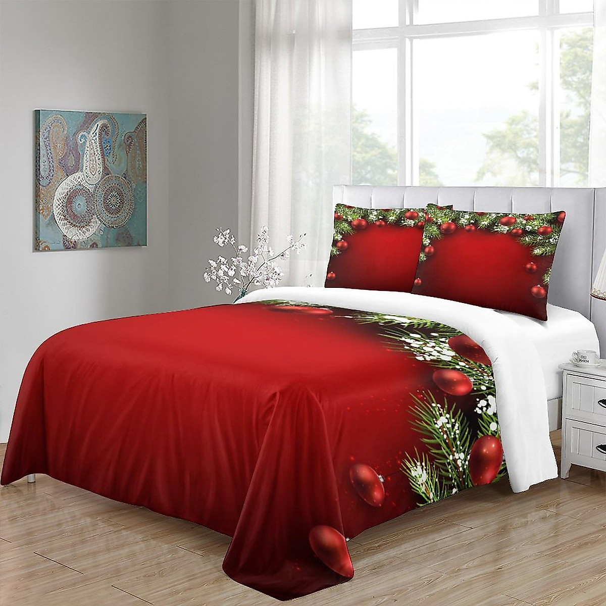 Christmas Bed Duvet Set 3 Pieces, Decorated with Snowflakes and Flowers Red Christmas Screen and Vivid Heart Pattern, Red Christmas Decoration Theme 3 Pieces Set Queen（228x228cm）