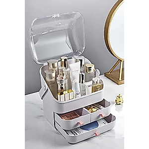 LINFIDITE Cosmetic Storage Box with Lid Makeup Organizer Box with Dust Free Cover Portable Handle,Large Makeup Display Case with Drawers Fully Open Lid,Great for Dresser Bathroom Countertop