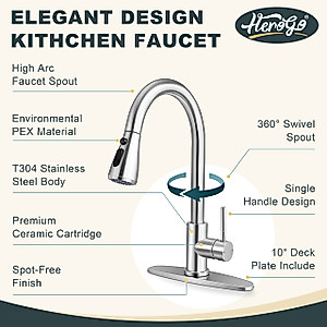 Herogo Kitchen Sink Faucet, Kitchen Faucets with Pull Down Sprayer Brushed Nickel, Stainless Steel High Arc Single Handle Faucet with 1 Hole or 3 Hole Deck Plate for Farmhouse Laundry RV Wet Bar Sinks