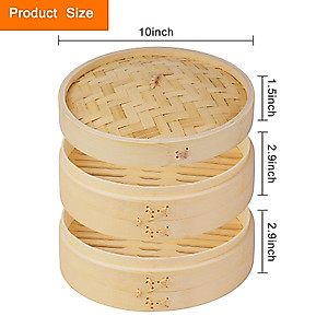Bamboo Steamer Basket, 2-Tier Dumpling Steamer for Cooking, Bamboo Steamer 10 Inch Vegetable Steamer, Food Steamer for Meat, Dim Sum, Bao Bun, Fish, Rice, HOFHTD Wood Cooking Steamer Basket