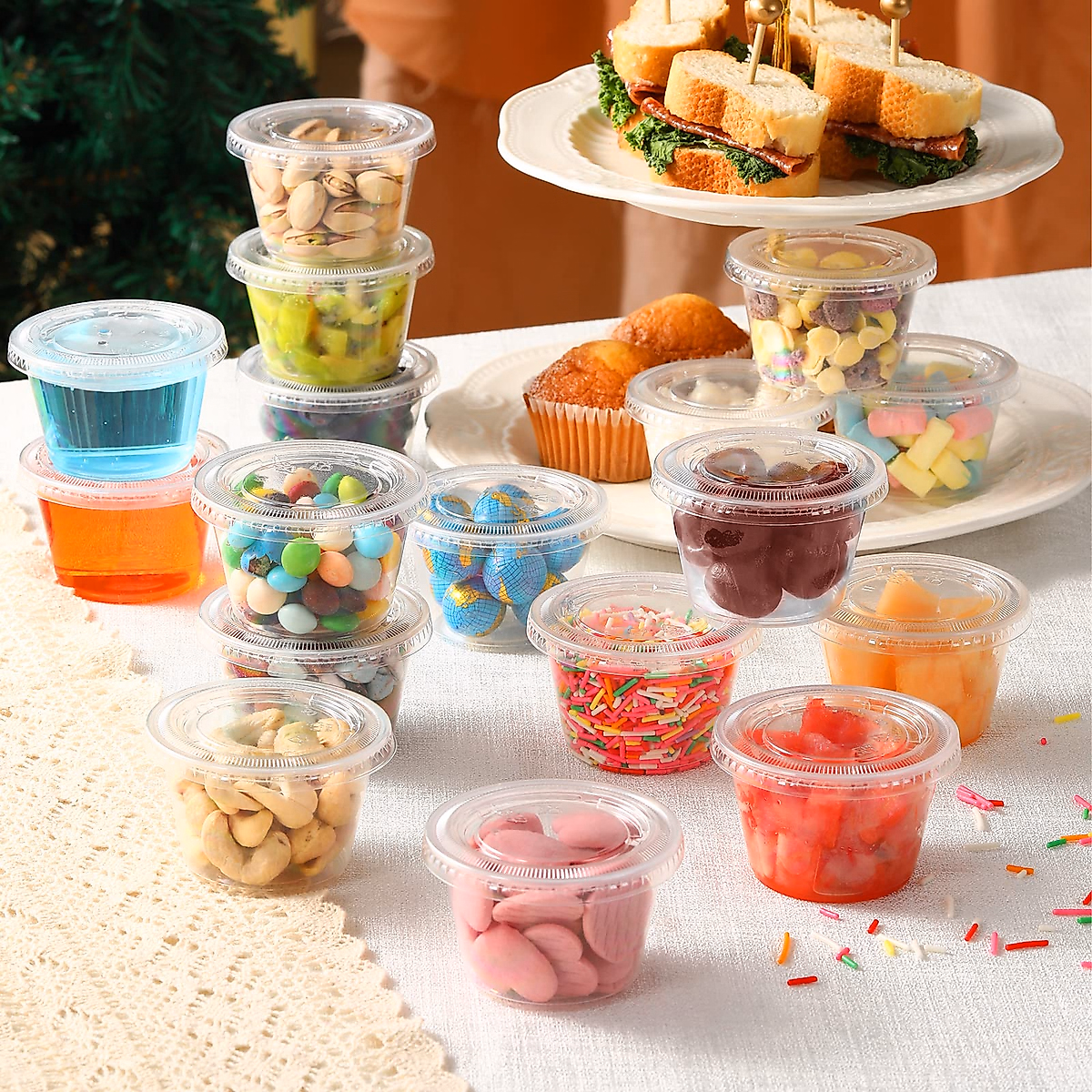 VITEVER [120 Sets - 4 oz ] Portion Cups With Lids, Small Plastic Containers with Lids, Airtight and Stackable Souffle Cups, Jello Shot Cups, Sauce Cups, Condiment Cups for Lunch, Party, Trips