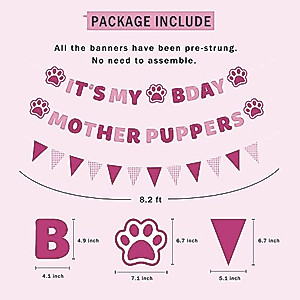 Vicycaty Puppy Dog Birthday Banner, Mother Puppers, It's My Bday, Pink Pennants, 98.43x16.69 inches Cardboard