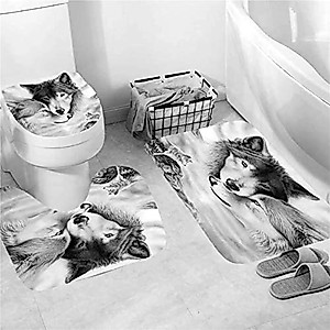 Wolves Bathroom Sets with Rugs,4 Pcs Wolf in The Forest Shower Curtain Sets with 12 Hooks, Wolves Cloud Bathroom Sets with Fabric Shower Curtains and Rugs