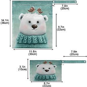 visesunny Bear with Two Bird Animal 2Pcs Wet Bag with Zippered Pockets Washable Reusable Roomy for Travel,Beach,Pool,Daycare,Stroller,Diapers,Dirty Gym Clothes, Wet Swimsuits, Toiletries