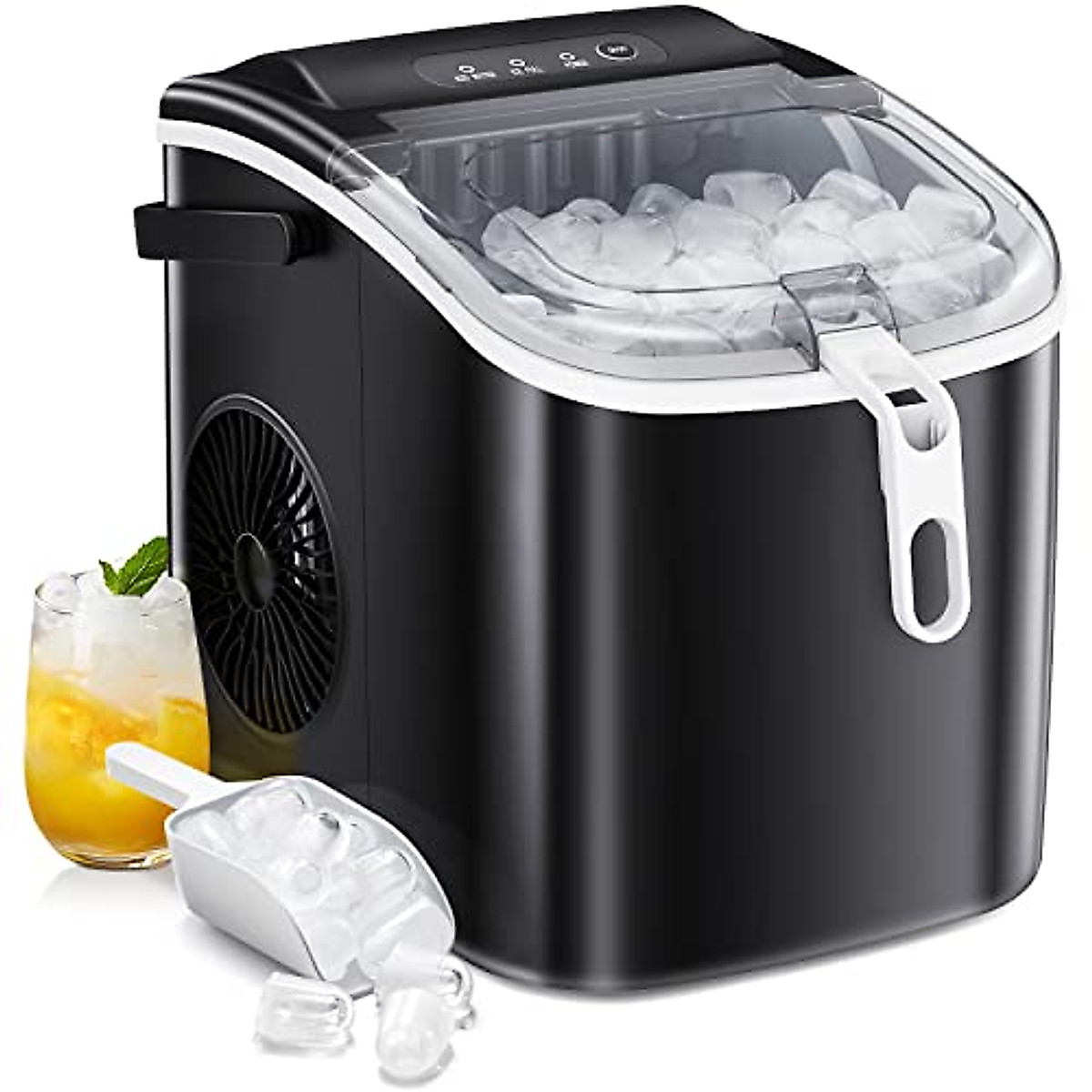 AGLUCKY Ice Makers Countertop,Protable Ice Maker Machine with Handle,Self-Cleaning, 26Lbs/24H, 9 Ice Cubes Ready in 8 Mins, with ice Scoop and Basket,for Home/Office/Kitchen (Black)
