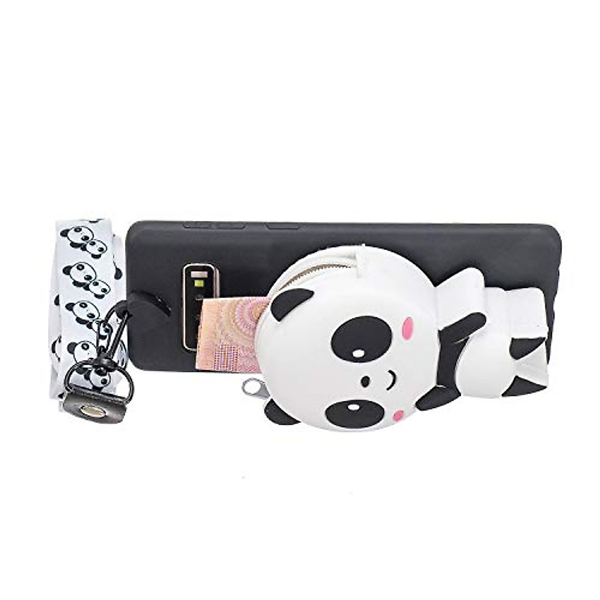 Girlyard for Samsung Galaxy S10 Plus Silicone Case with 3D Cartoon Animal Zipper Wallet Purse Stand Holder Cover and Long Detachable Lanyard Strap Phone Case for Kids Girls,Black Panda