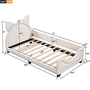 MWrouqfur Wooden Twin Size Upholstered Bed Frame with Carton Ears Shaped Headboard, Twin PU Leather Platform Bed for Girls Boys, Low Profile Single Bed - No Box Spring Needed