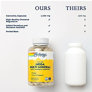 Solaray Iron-Free Mega Multi Mineral, Daily Mineral Complex with Calcium, Magnesium, Zinc, and More in Absorbable Chelated Forms, Overall Health, Energy and Immune Support (200 Capsules, 50 Servings)