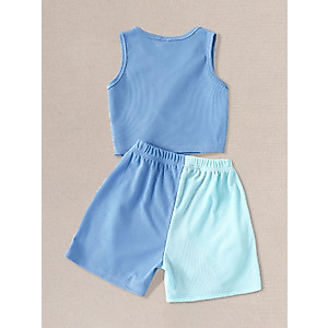 Verdusa Girl's 2 Piece Workout Outfit Colorblock Crop Tank Top and Short Sets Blue 9Y